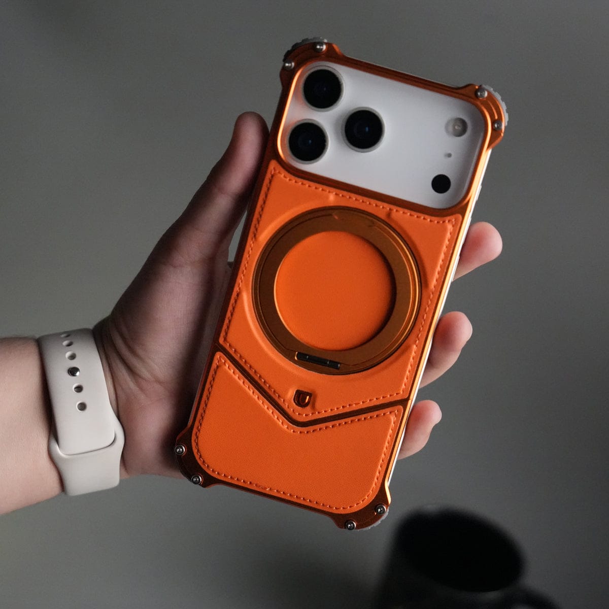 iPhone 17 Series Premium Orange Leather Aluminium Metal Snap On Rotati ...